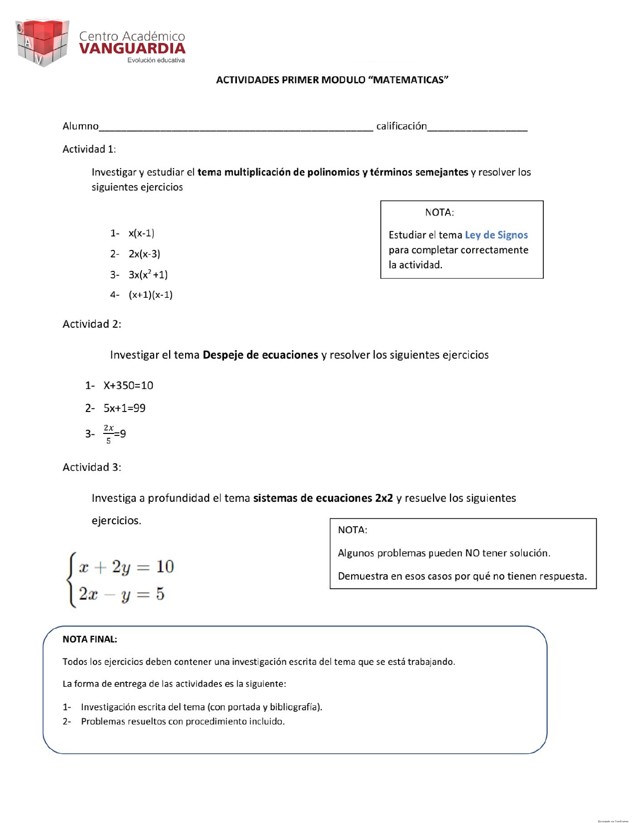 Actividad 1 - Matemáticas Bachillerato - cavanguardia.mx